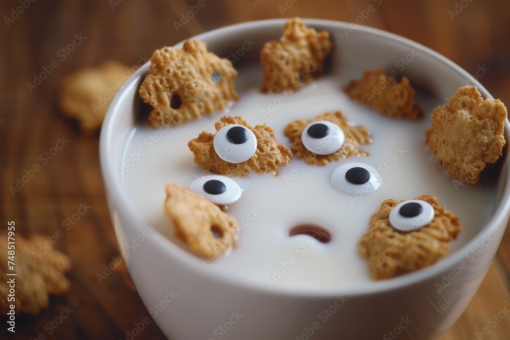 snapshot of breakfast time, where cereal and milk create a splash ...