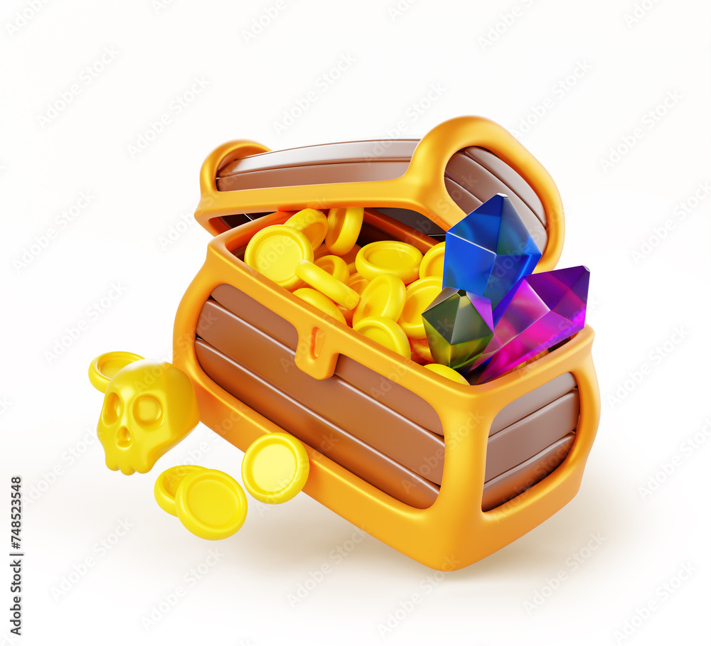 Game open pirate treasure chest with gold coin, gem stones and skull 3d ...