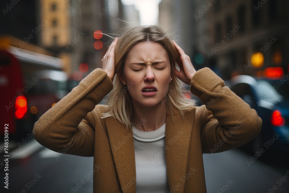 A Caucasian woman wincing in pain as she covers her ears to escape the ...
