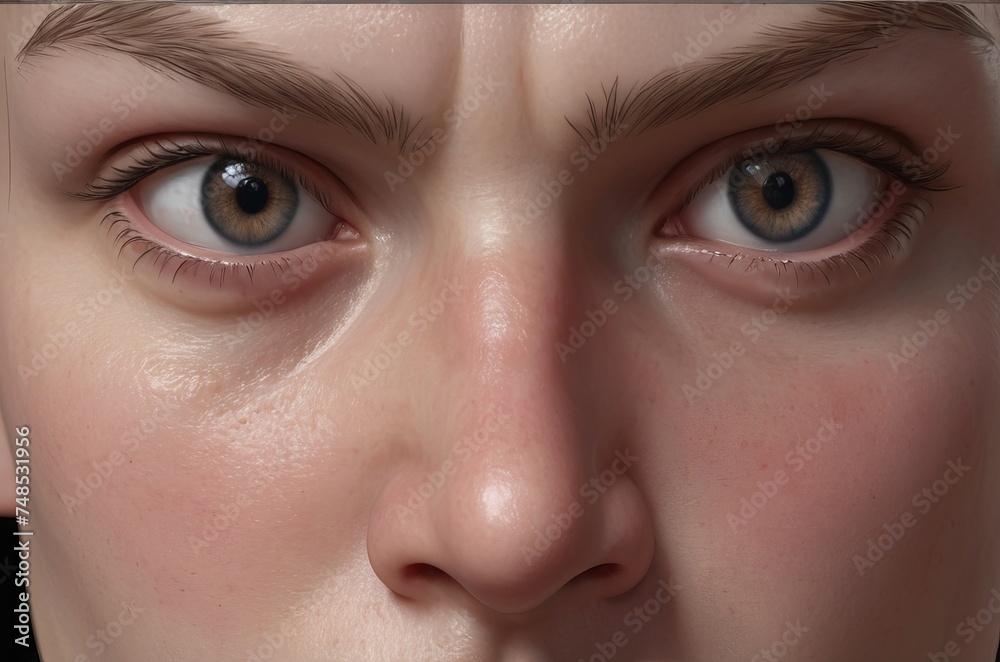 Close up gloomy woman cropped face with wrinkles between eyebrows and ...