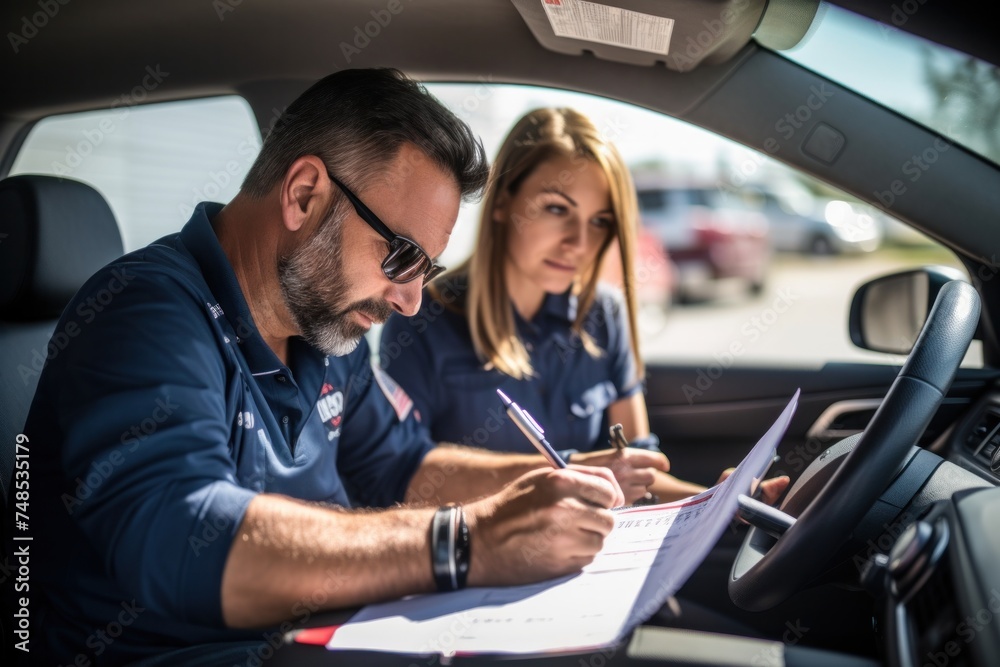 Driving school teacher about traffic rules in the first driving class ...