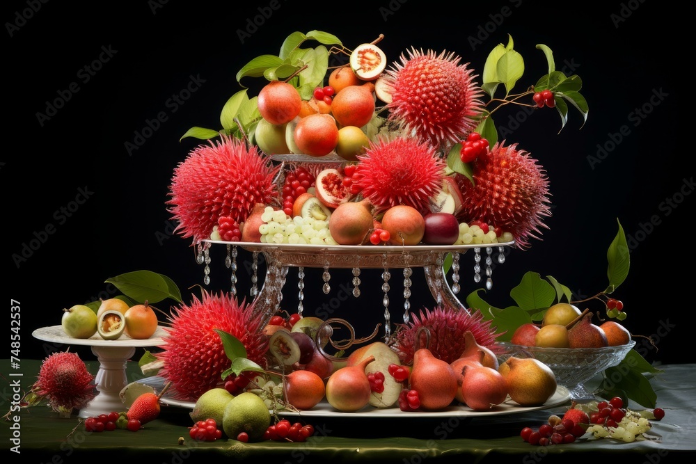 Vibrant Whole and half rambutan fruit on table. Fresh delicious ripe ...