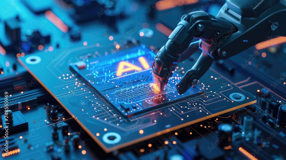 The advanced AI chip processed data quickly, instructing the robot arm ...