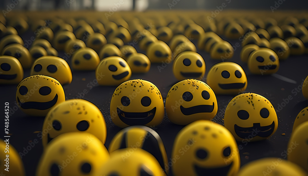 Group of happy yellow smiley faces balls emoji 3d illustration Created ...