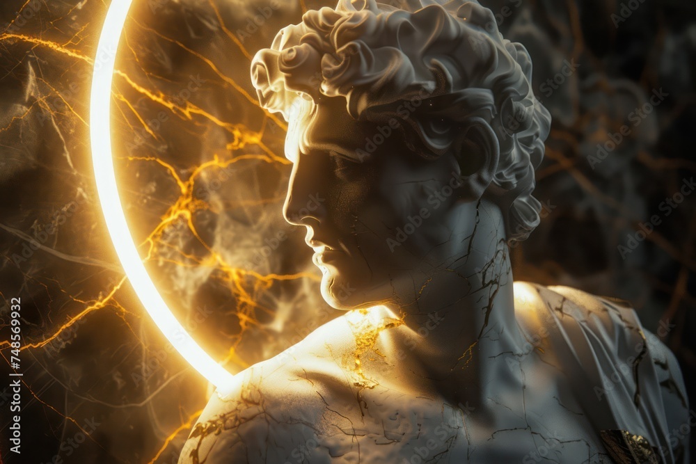 Surreal 3D illustration of a marble ancient Greek statue with a halo ...