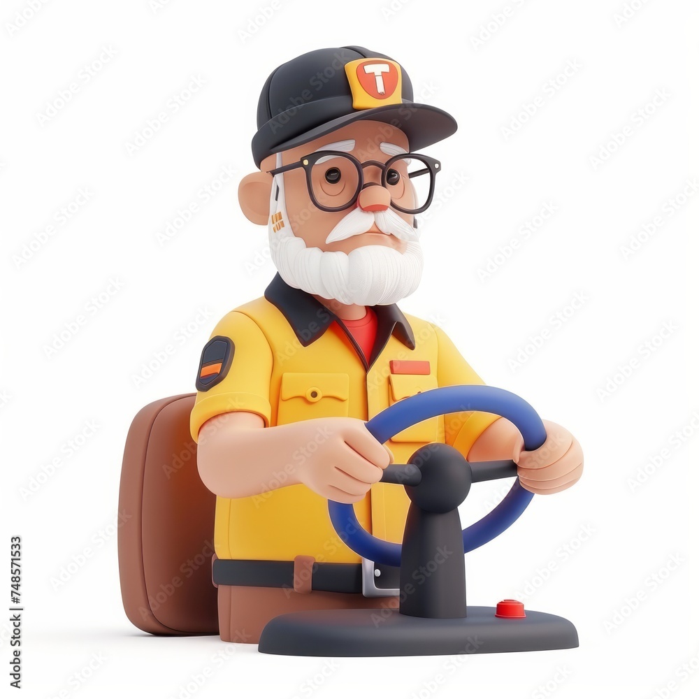 Elderly clay animation character wearing a taxi driver's uniform and ...