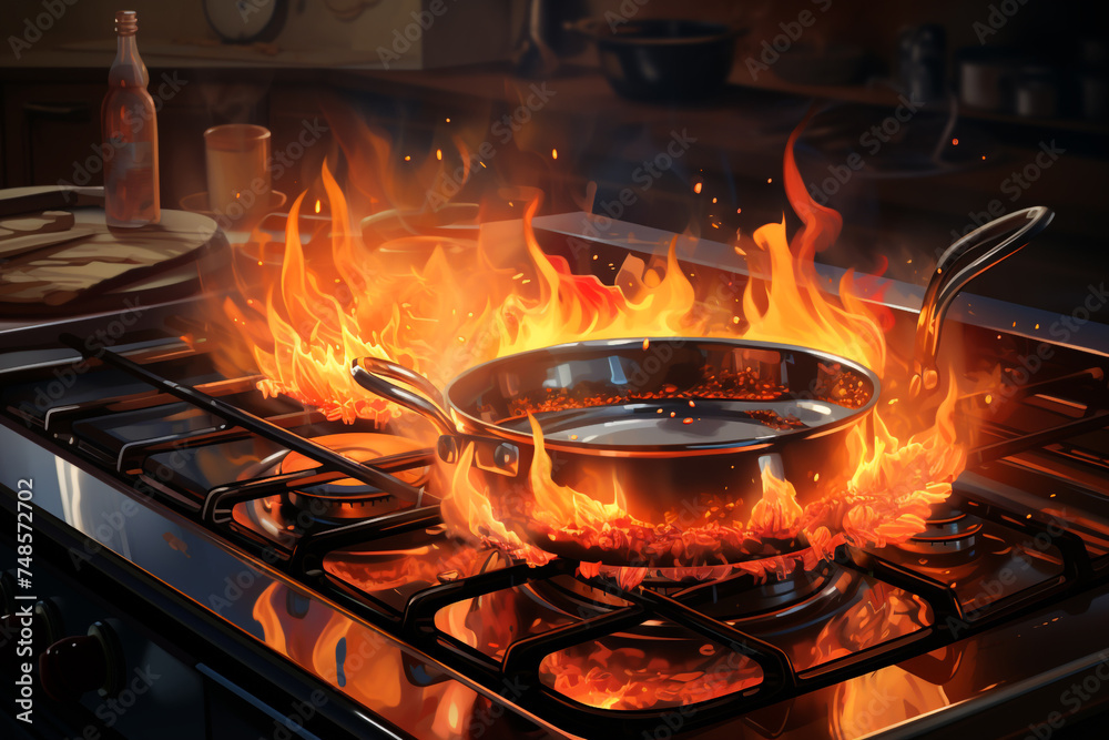 Modern kitchen. Cooks prepare meals on the stove in the kitchen of the ...