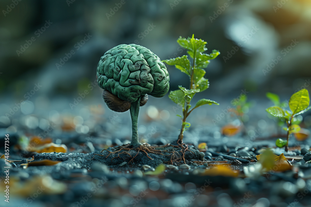Conceptual artwork featuring a brain-shaped mushroom growing amidst ...