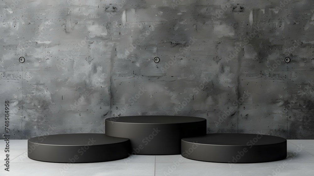 3D rendering of a concrete room with three black podiums. The podiums ...