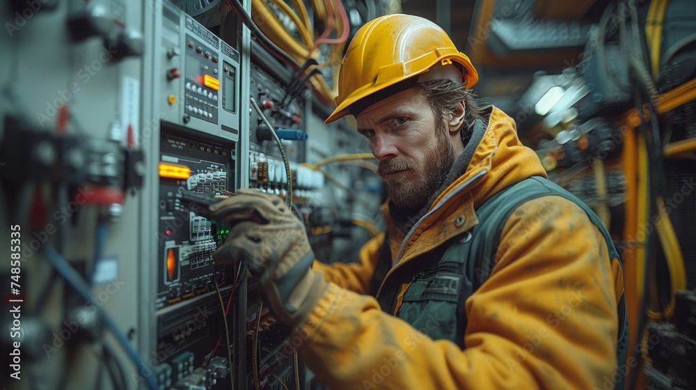 Electrician engineer work tester measuring voltage and current of power ...