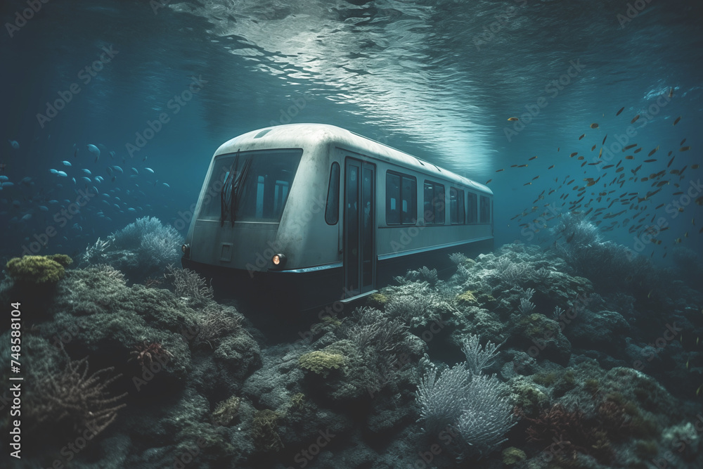 Train in Underwater railway. Underwater high-speed train on underway ...