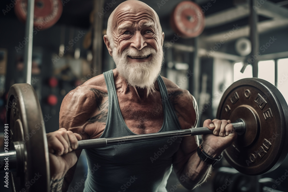 Bodybuilder. Elderly pensioner old man lifts a barbell in gym smiling ...