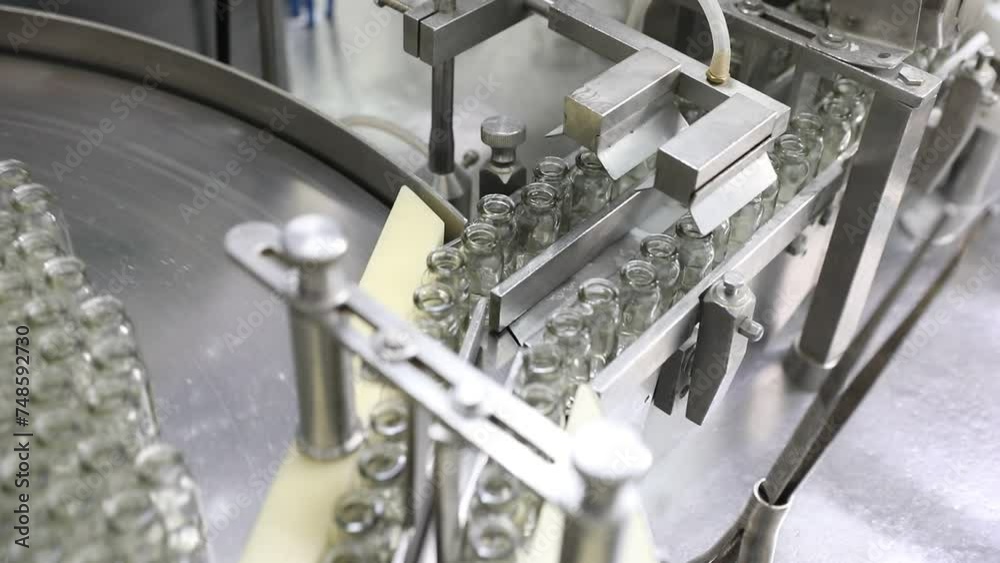 Empty glass vial bottles moving on a conveyor belt in two rows. medical ...