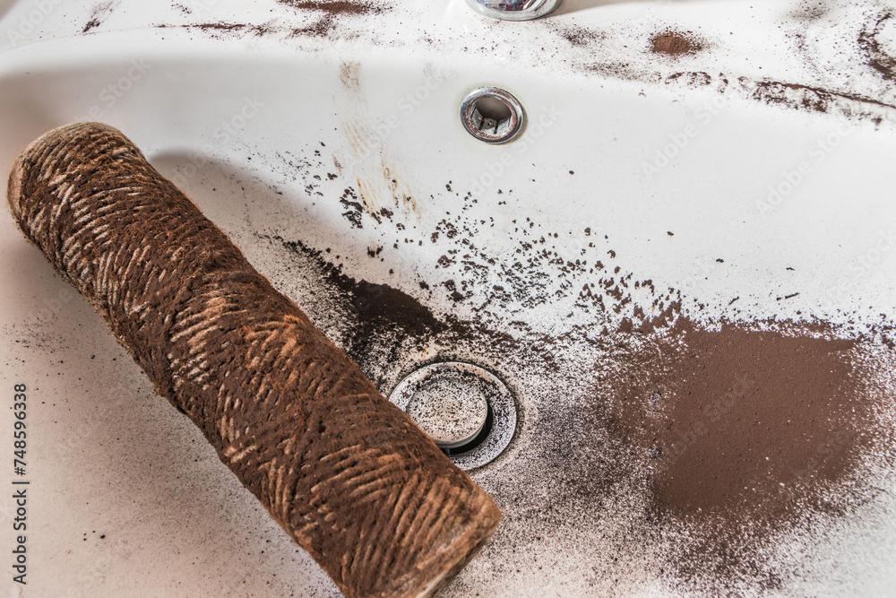 Falling dirty particles from a water filter in a white washbasin ...
