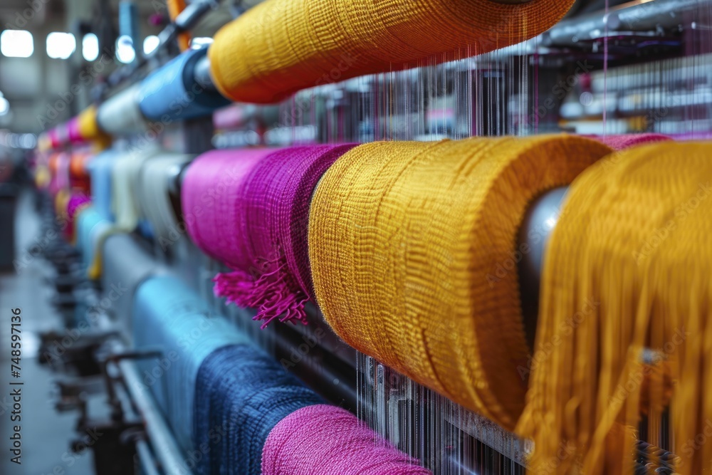 Textile Production Plant, Rows of looms and spinning machines weave and ...