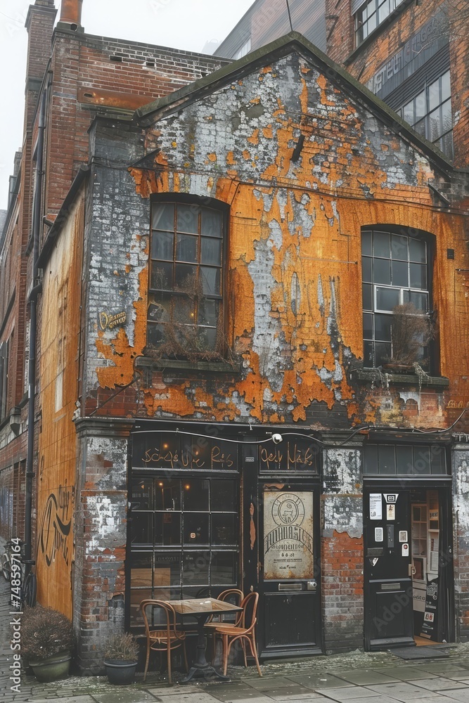 Time-Stamped facades show fading signs, logos on brick walls, marking ...