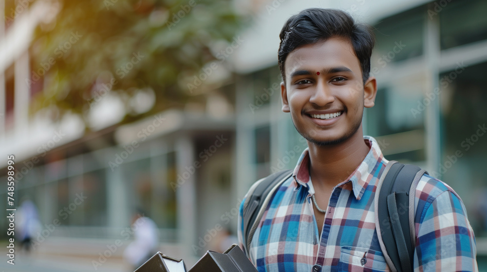 Portrait of a young smiling male Indian student standing outside the ...