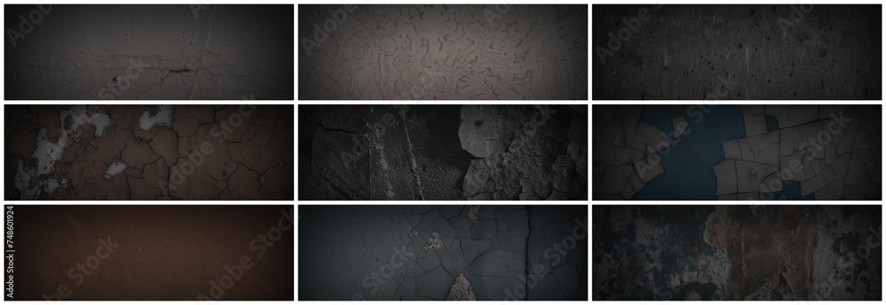Set of dark panoramic background textures. Collection of wide textures ...