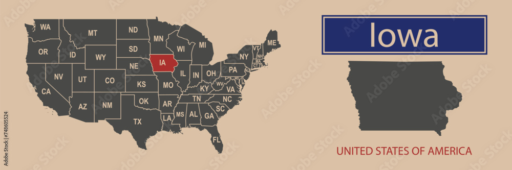 Vector map borders of the USA Iowa state. State of Iowa on the map of ...
