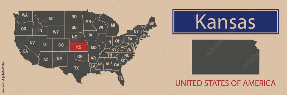 Vector map borders of the USA Kansas state. State of Kansas on the map ...