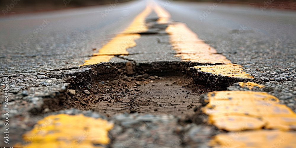 Closeup of freshly patched road with view of traffic in the background ...