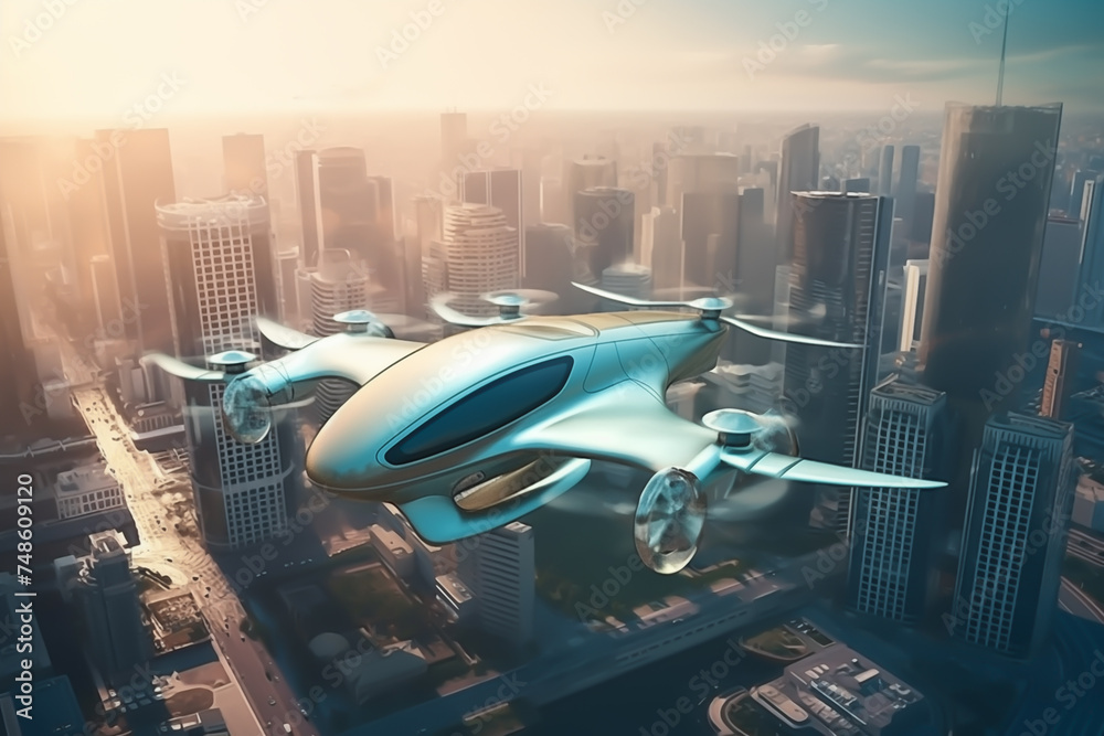 Flying car in sky. Electric air car flight above a cityscape. Future ...