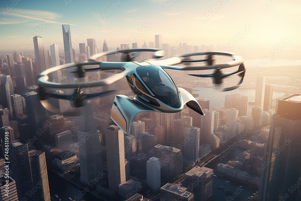 Flying car in sky. Electric air car flight above a cityscape. Future ...
