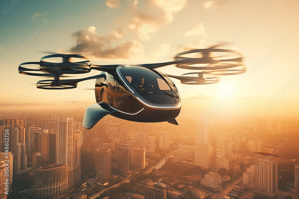 Flying car in sky. Electric air car flight above a cityscape. Future ...