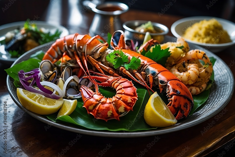Close-up shot captures the perfectly cooked lobster to the tender ...