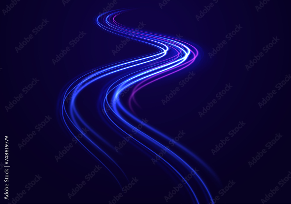 Neon swirl. Curve blue line light effect. Cyberpunk light trails in ...