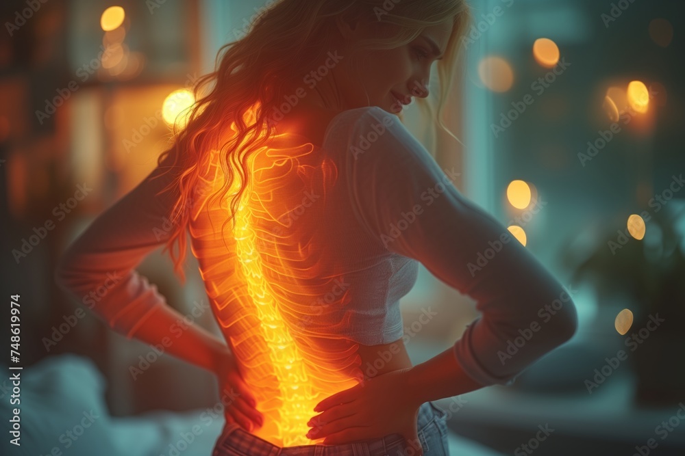 Close up hands touching back pain or lower back pain with yellow orange ...