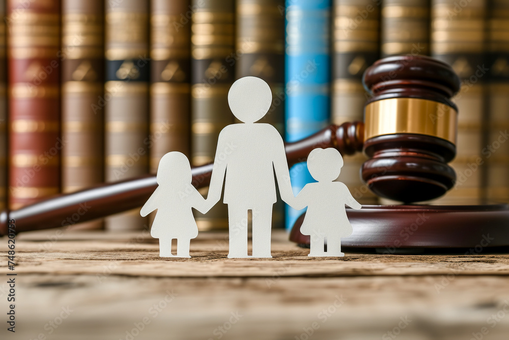 Mother with children without father and judge's hammer. Deprivation of ...