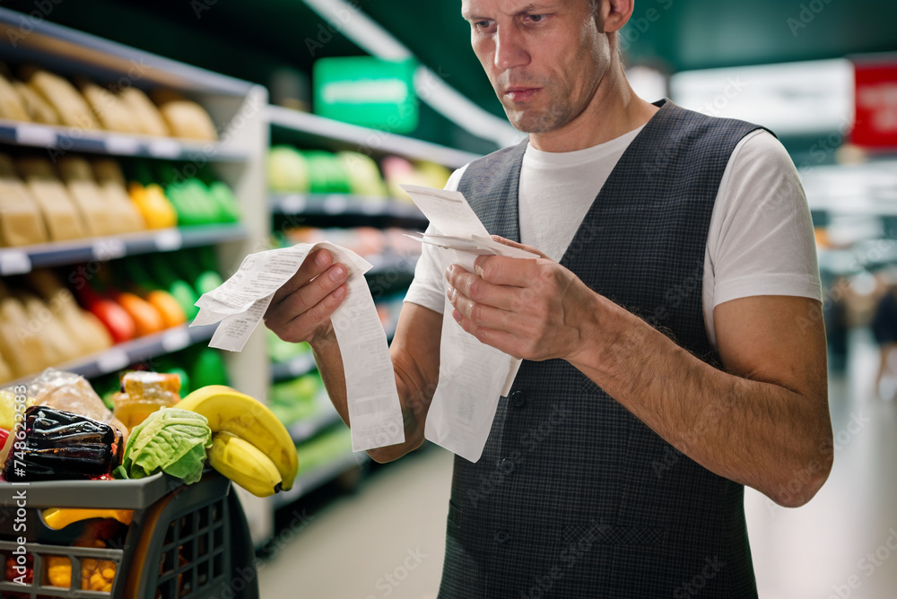 Confused sad male customer checking product bills after shopping and ...