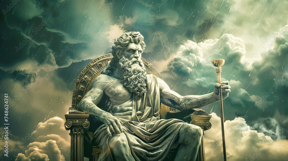 A magnificent statue of Zeus, the leader of the ancient greek gods ...