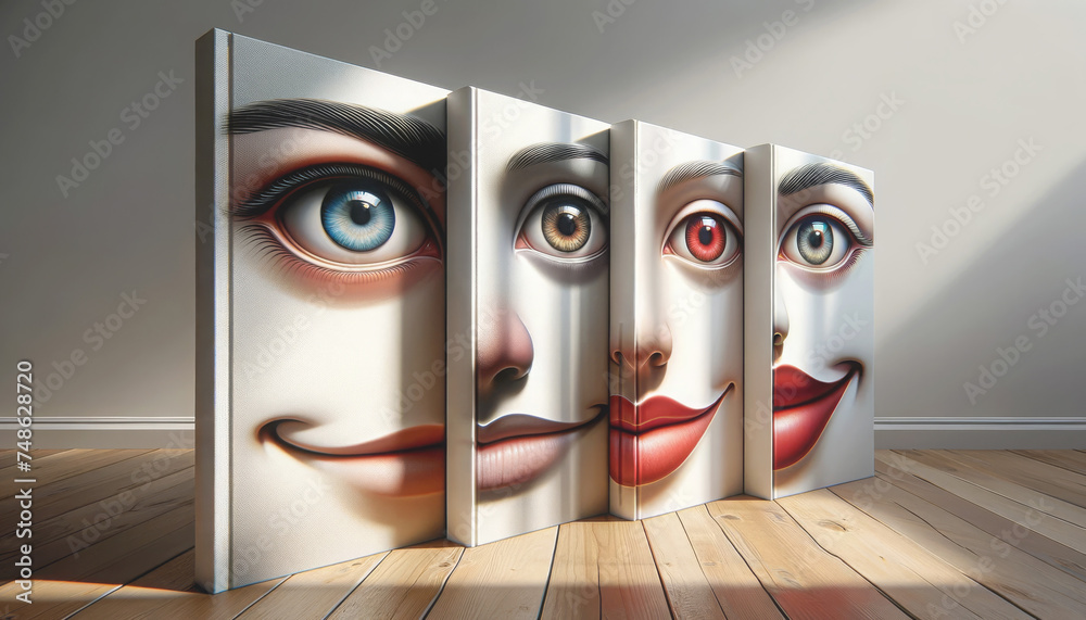 Folded canvas with a fragmented face, each panel showing parts of eyes ...