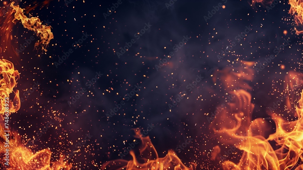 Fire flames with particles, sparks, and smoke on a dark background ...