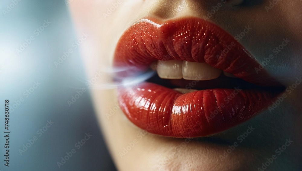 beautiful female lips, a half-smoked cigarette with light smoke from ...