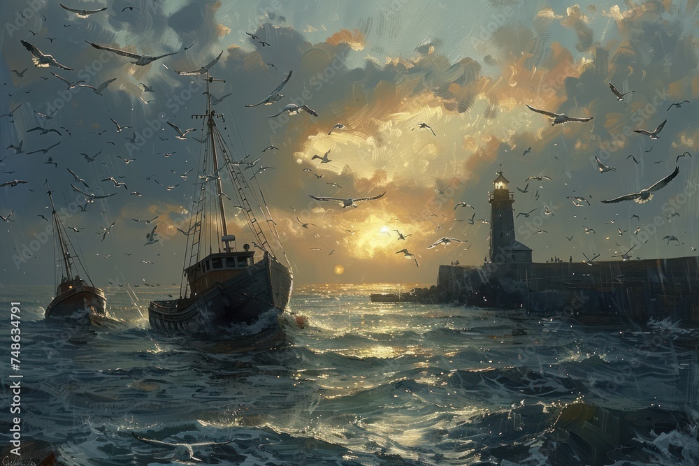 Harbor scene, with fishing boats bobbing in the water, seagulls ...