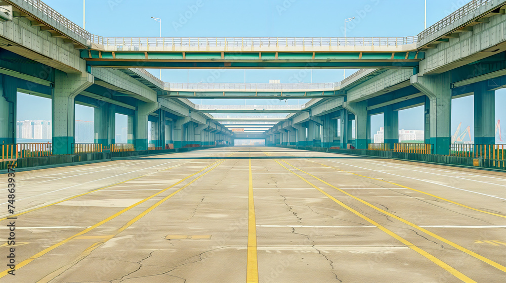 Symmetrical view under clear skies of layered overpass bridges with ...