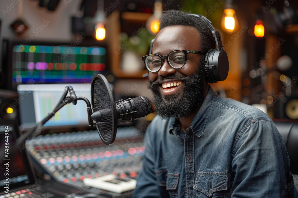 Male Broadcaster Laughing During Radio Show. Cheerful bearded man ...