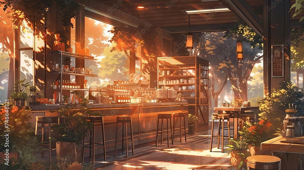 Anime-style illustration of a cozy cafe interior with wooden furniture ...