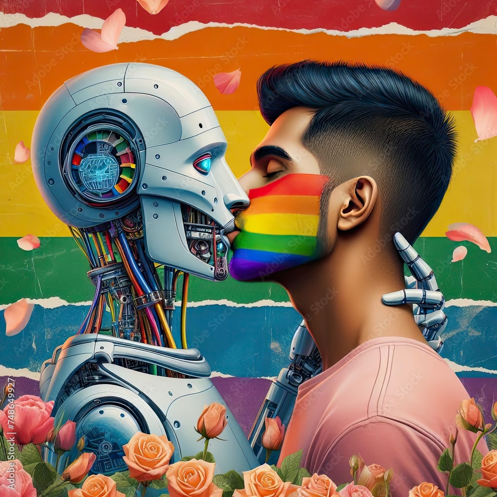 ภาพประกอบสต็อก Collage art Robot machine kissing Man boy LGBTQ Pride ...