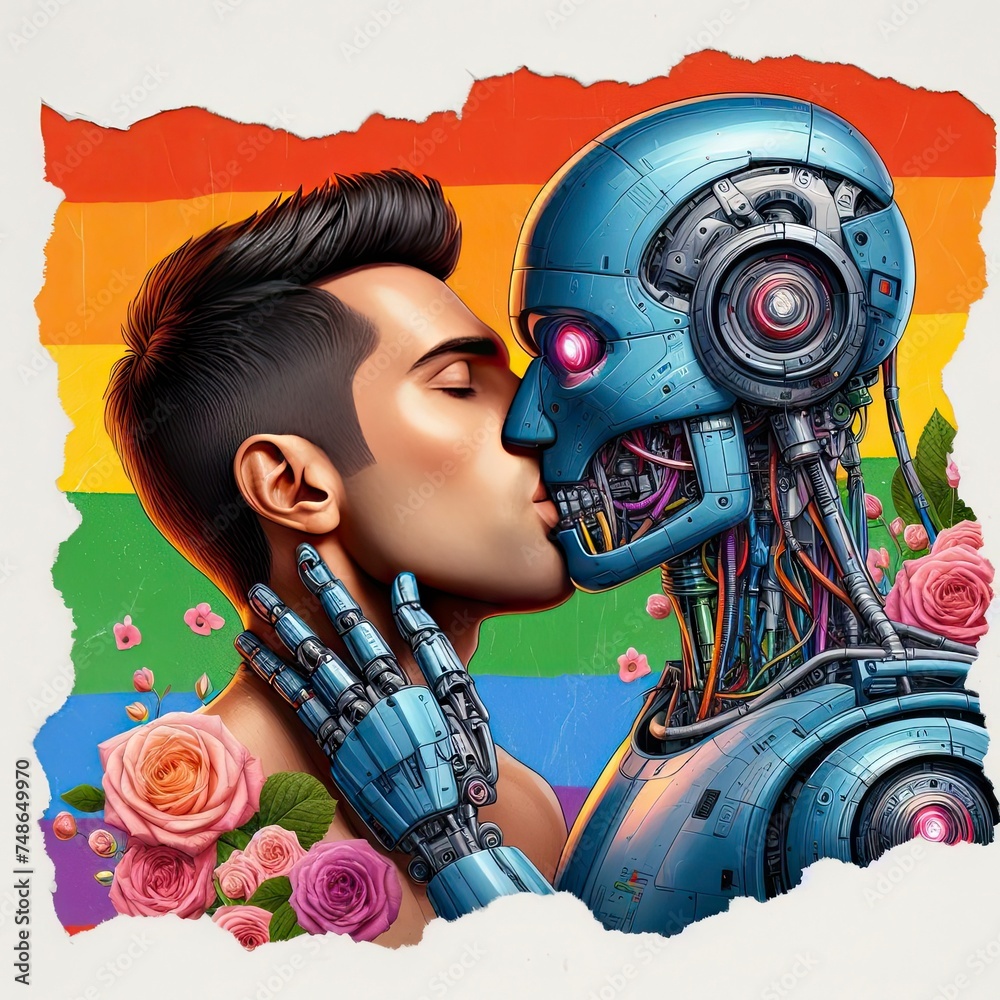 Collage art Robot machine kissing Man boy LGBTQ Pride Gay marriage AI technology humans future ...