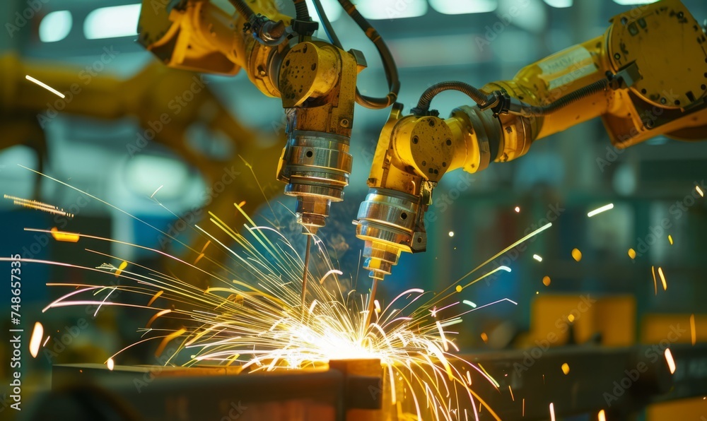two automated welding robot arms working in tandem, creating a vivid ...