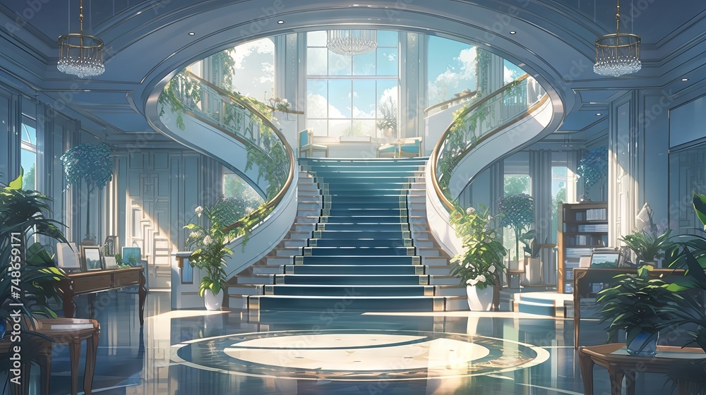 Anime-style illustration of a foyer with a curved staircase, muted ...