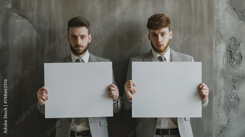 Two serious men in suits present blank white boards, ready for your ...