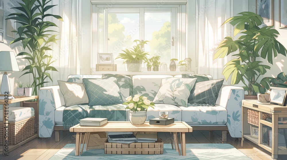 Bohemian living room with gray sofa and yellow accents in anime style ...