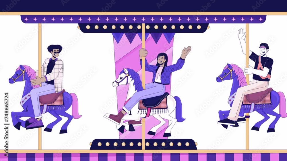 Vidéo Stock Roundabout carousel having fun line 2D characters animation ...
