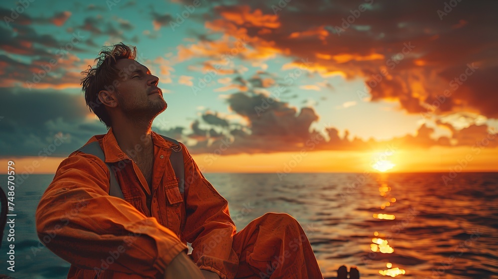 Portrait of a tired man in offshore during sunset with a worker uniform ...