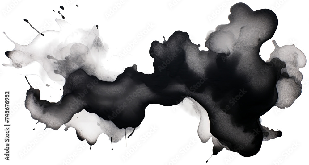 black watercolor ink blot isolated on a white transparent background ...